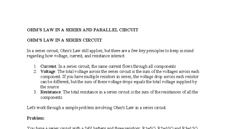 OHM'S LAW IN SERIES CIRCUITS: Principles & Sample Problems - Studocu