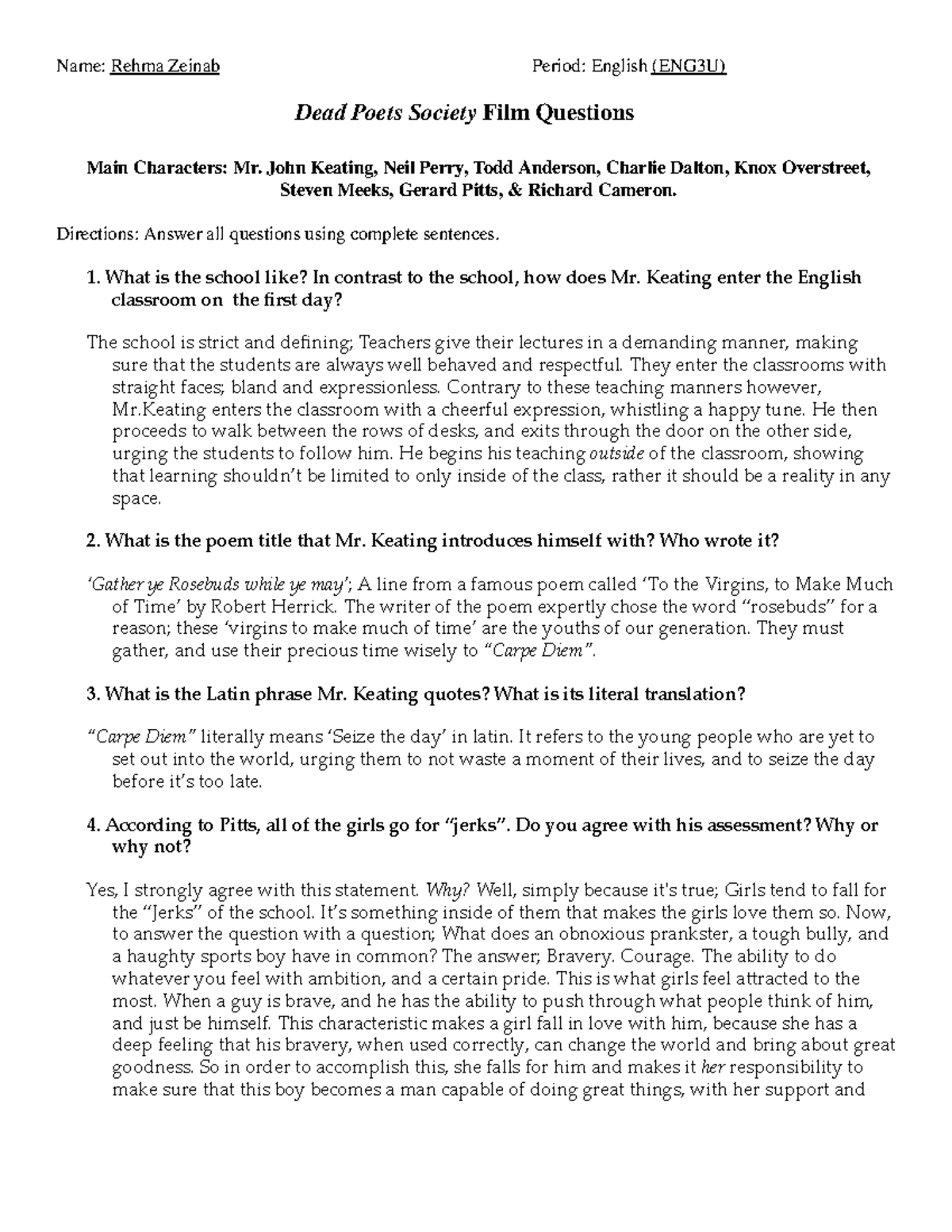 ENG3U Dead Poets Society - Film Study Reflections & Questions - Studocu