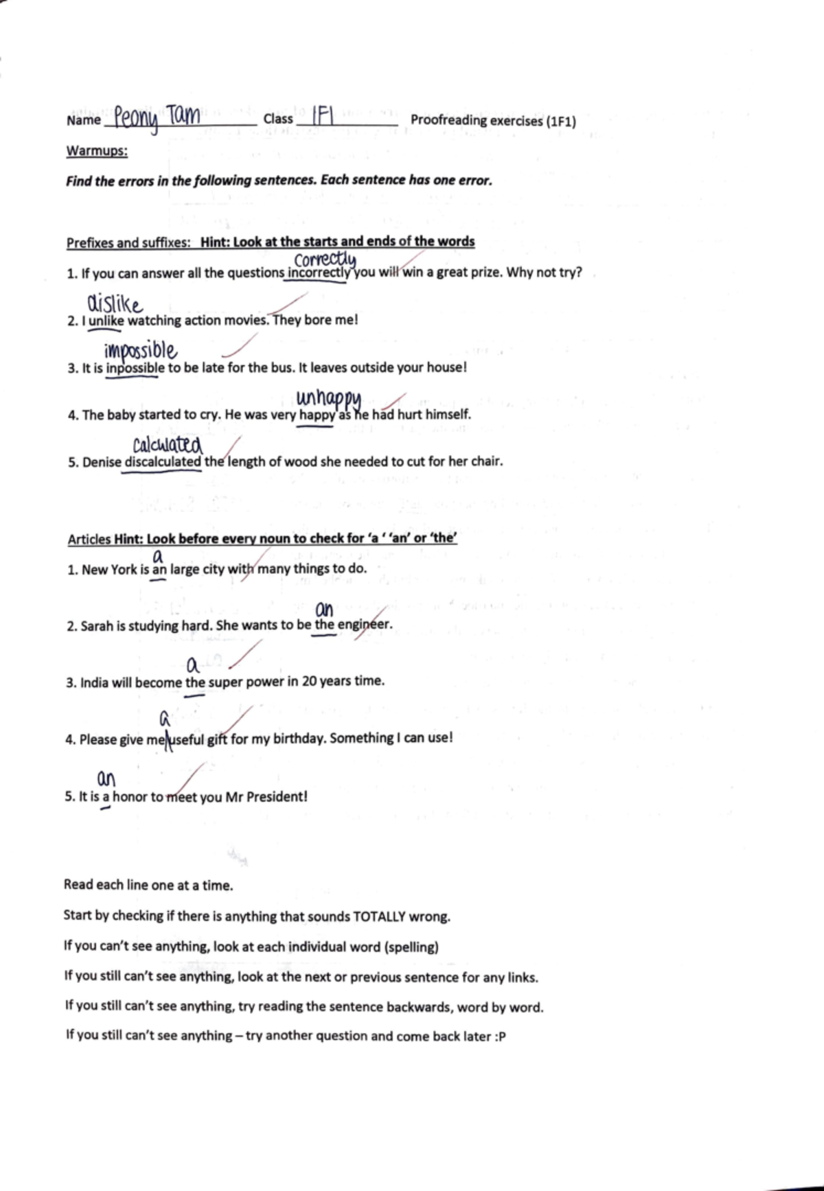 Proofreading Exercise F1: Identify and Correct Errors in Sentences - Studocu