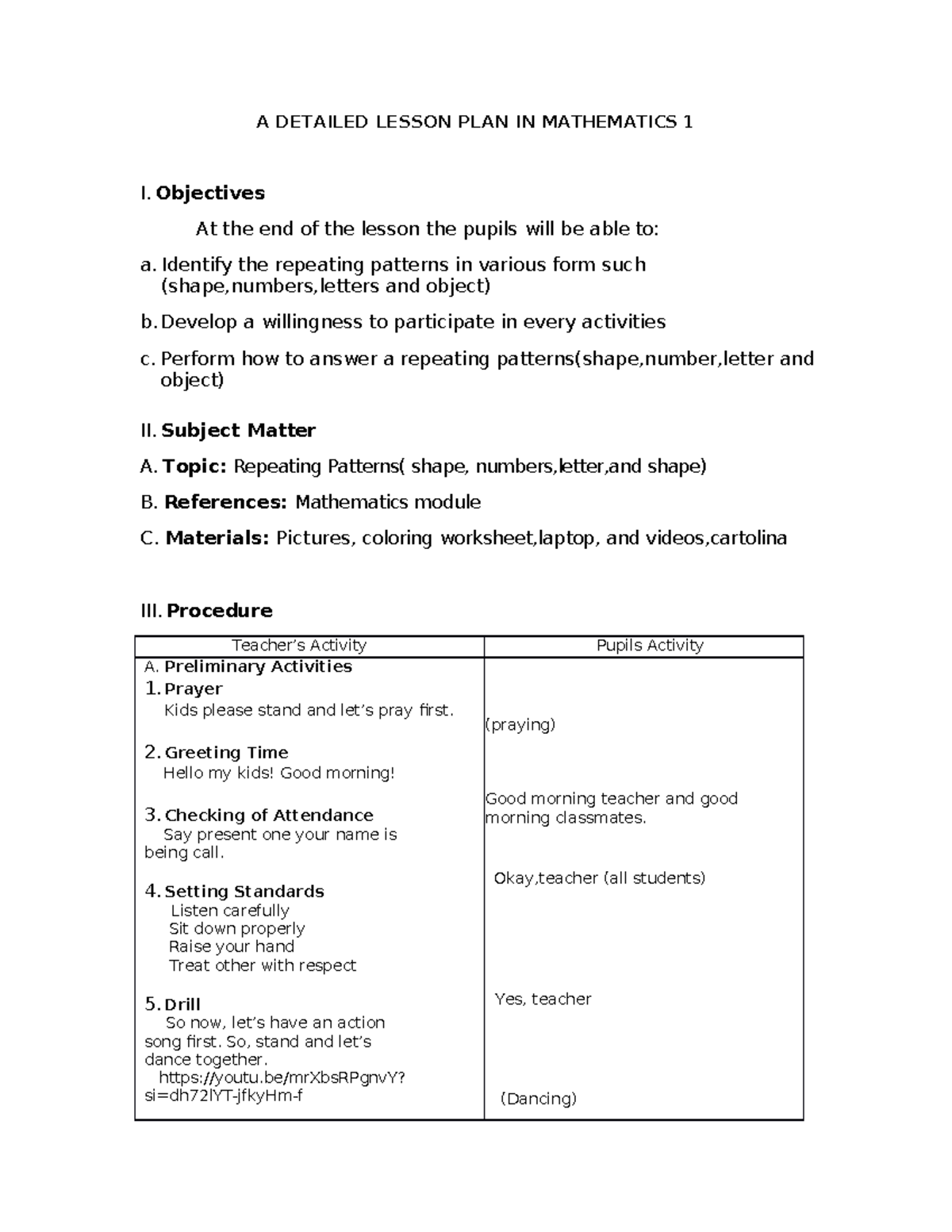Kindergarten 123 - lesson plan - A DETAILED LESSON PLAN IN MATHEMATICS ...