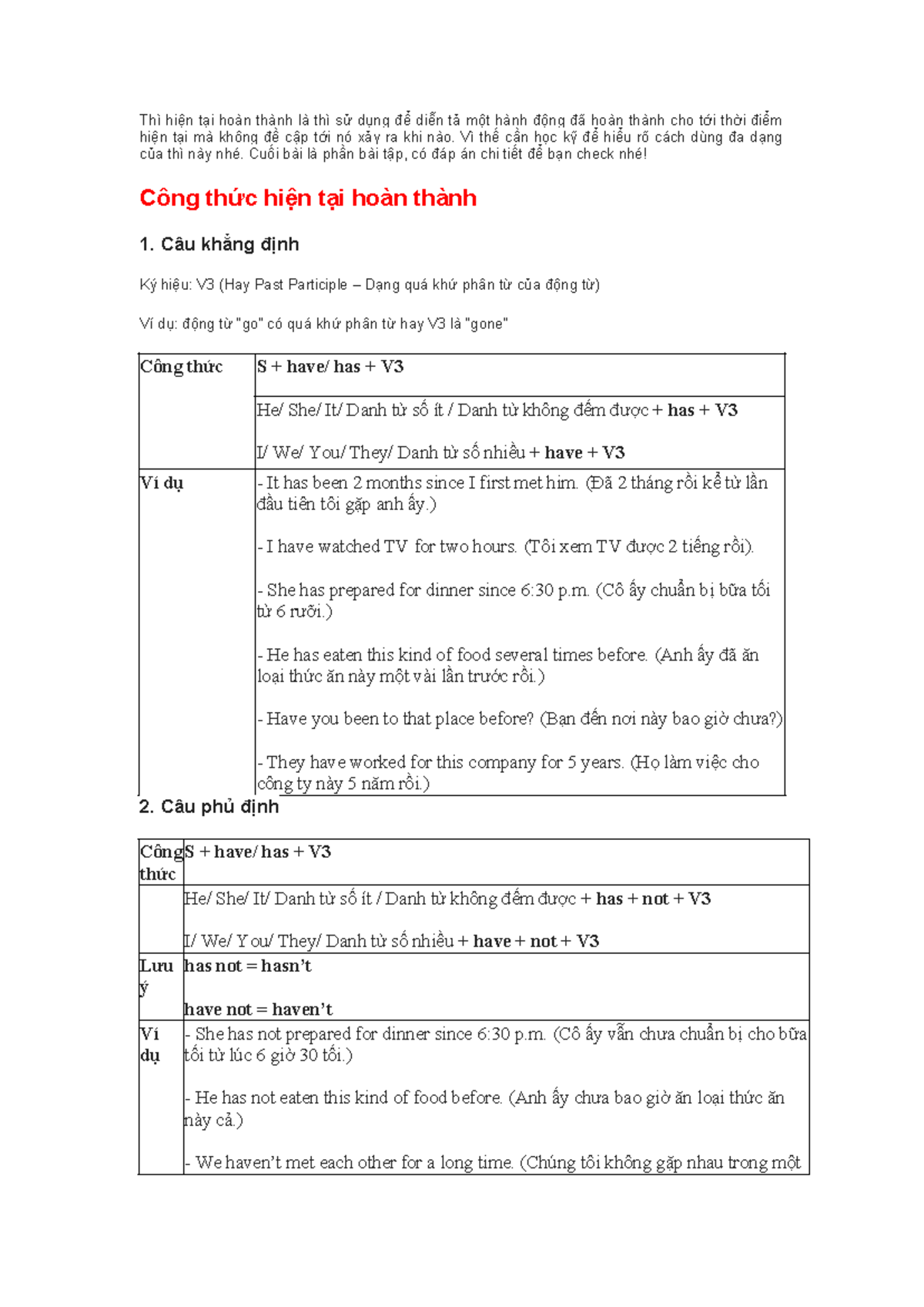Present Perfect Tense - English Grammar Notes - Studocu
