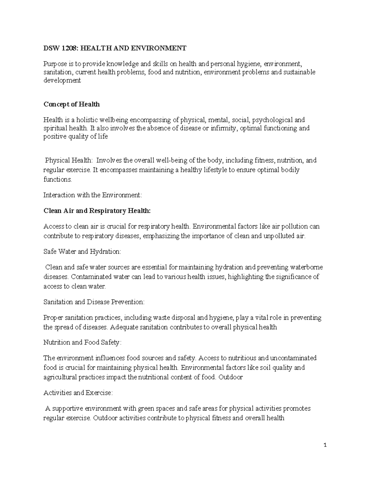DSW 1208: Health and Environment Study Notes on Wellbeing and ...