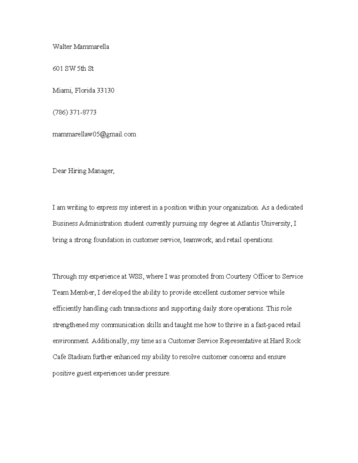 Cover Letter for Business Admin Position - Walter Mammarella - Studocu