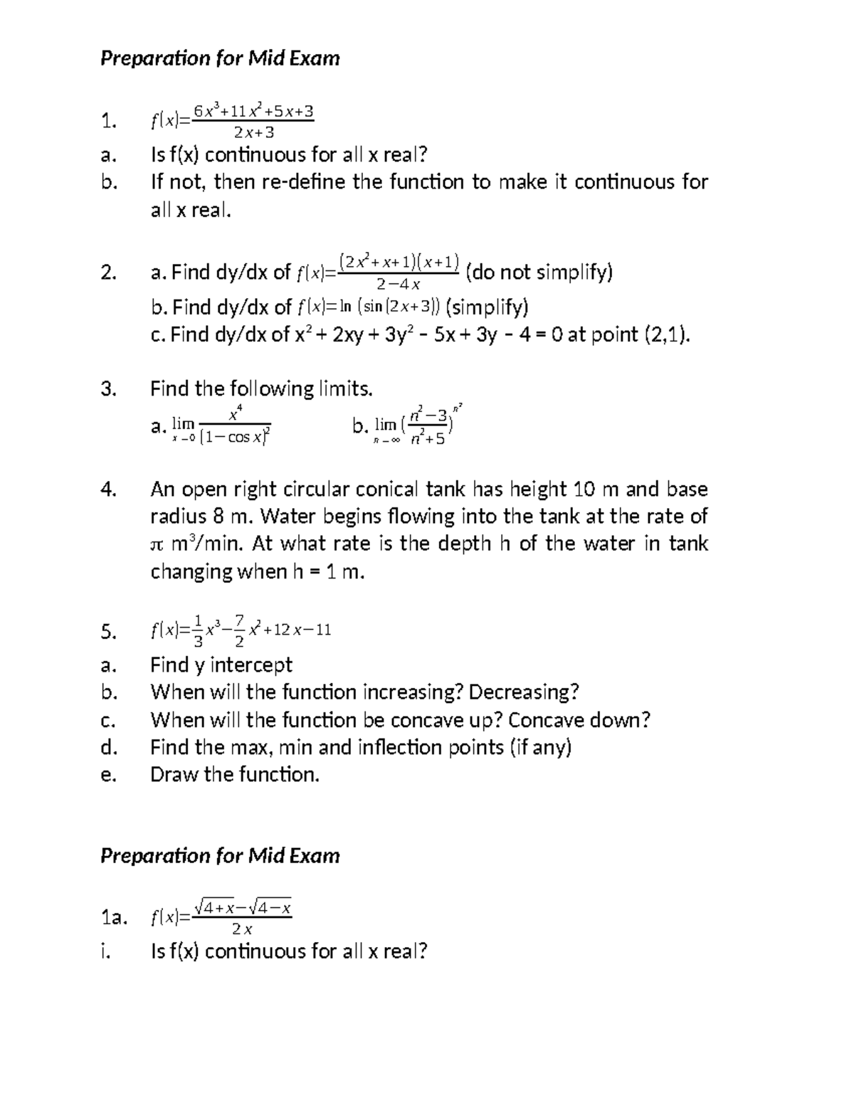 Preparation for Mid Exam: Calculus Concepts and Problem Solving - Studocu