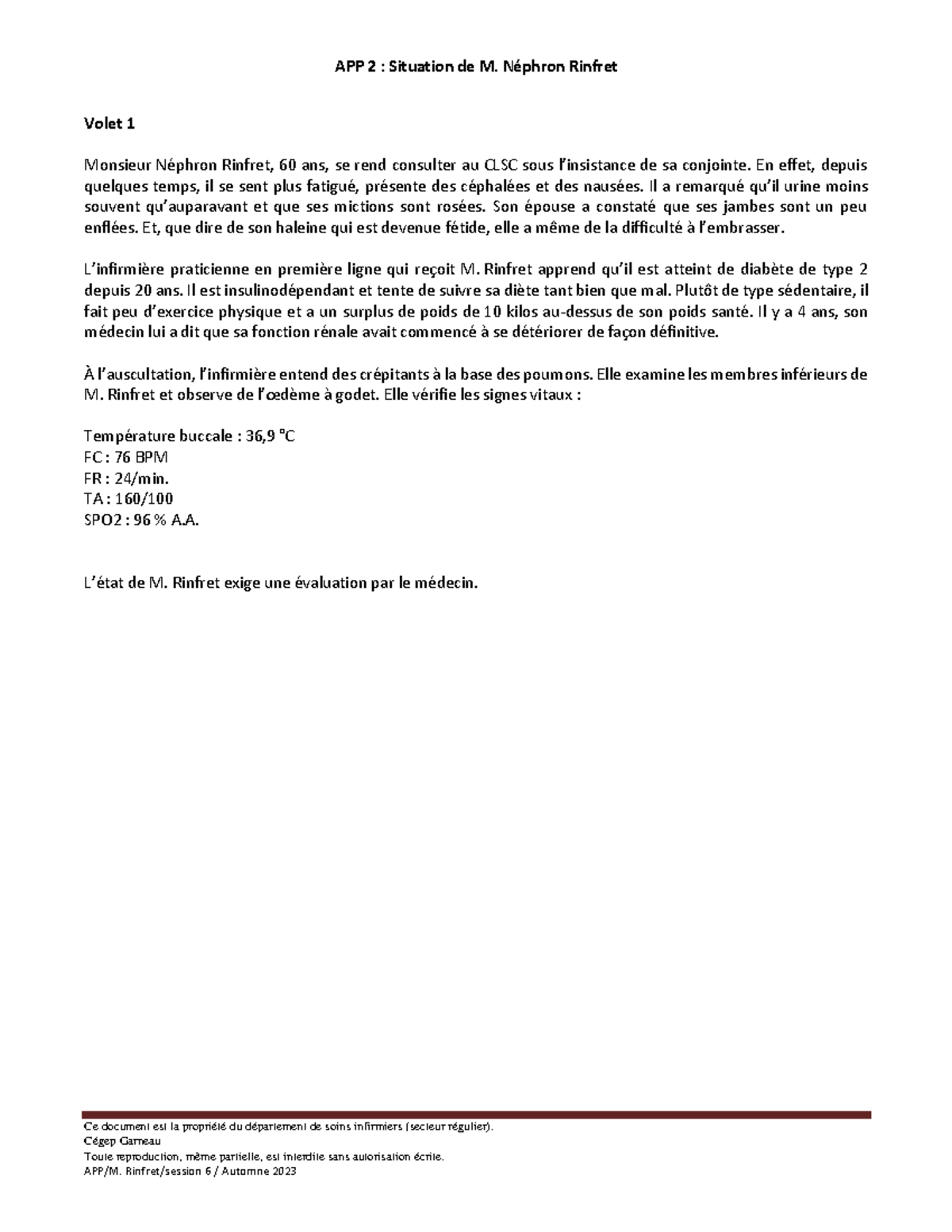 APP 2 : Évaluation et Traitement de l'Insuffisance Rénale de M. Rinfret ...