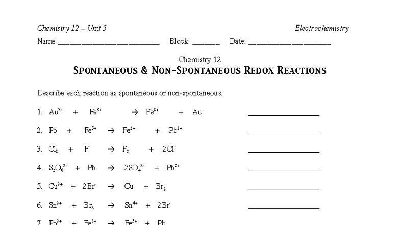 Chemistry 12 Unit 5: Spontaneous Redox Reactions Worksheet - Studocu