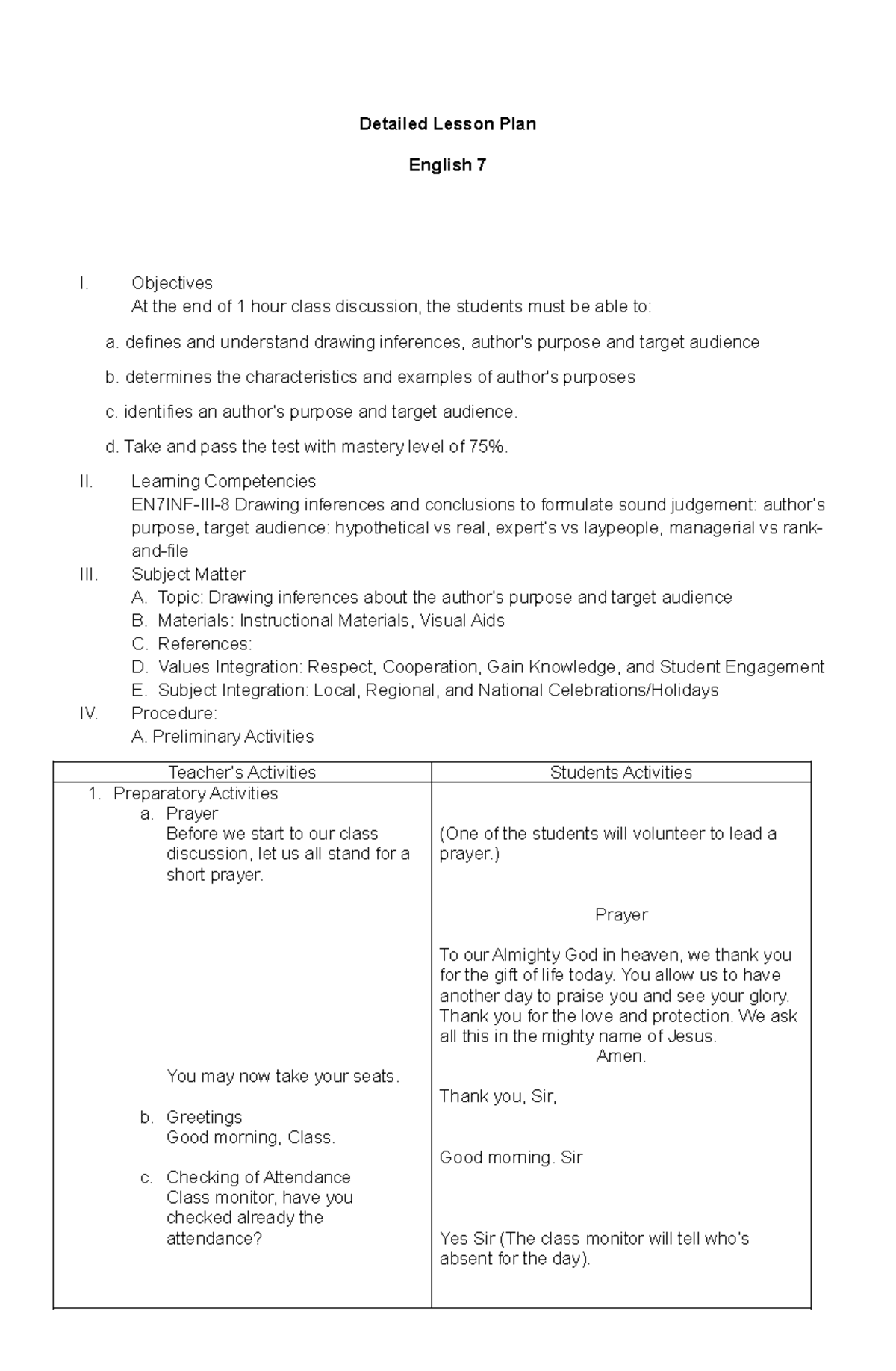 **Enhanced Lesson Plan for Drawing Inferences in English 7** - Studocu