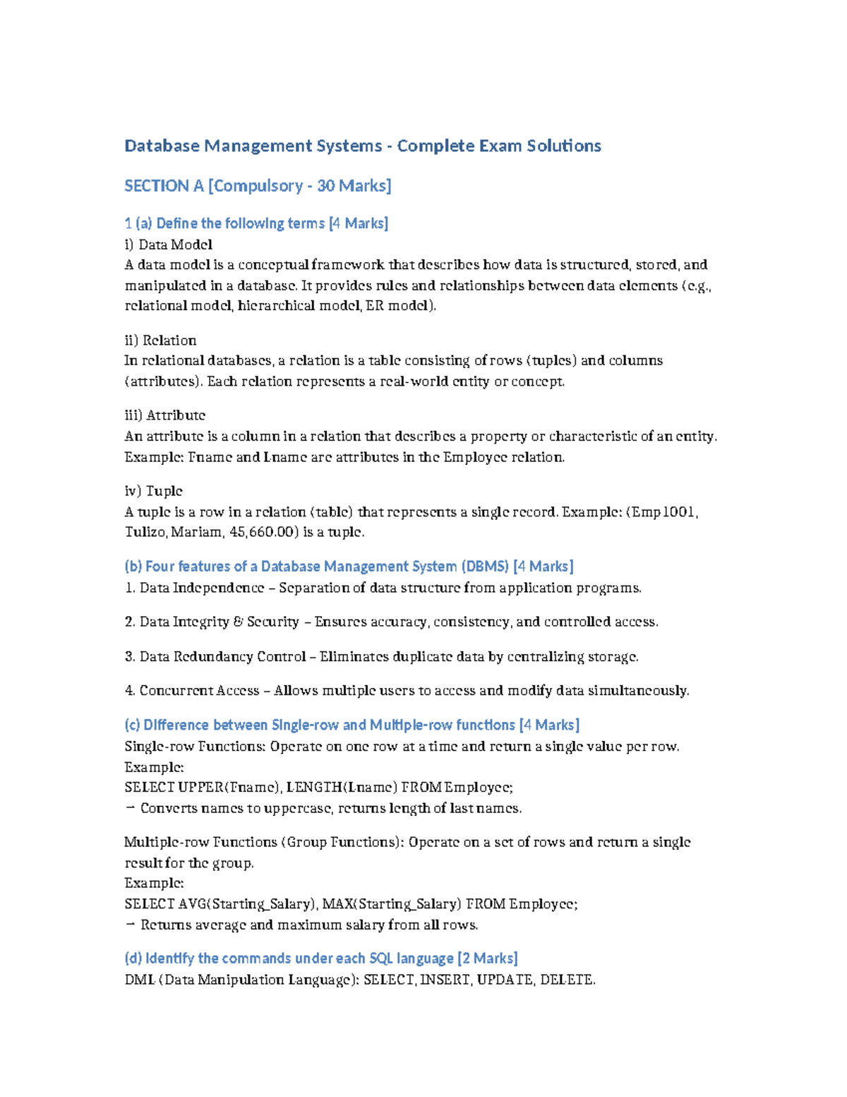 DBMS 101 Final Exam Solutions: Comprehensive Guide - Studocu