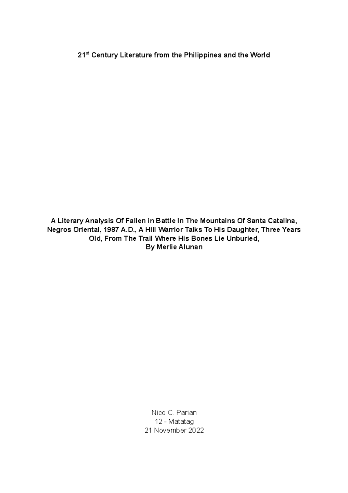 Literary Analysis of "Fallen in Battle" (12-Matatag) - A Study of ...