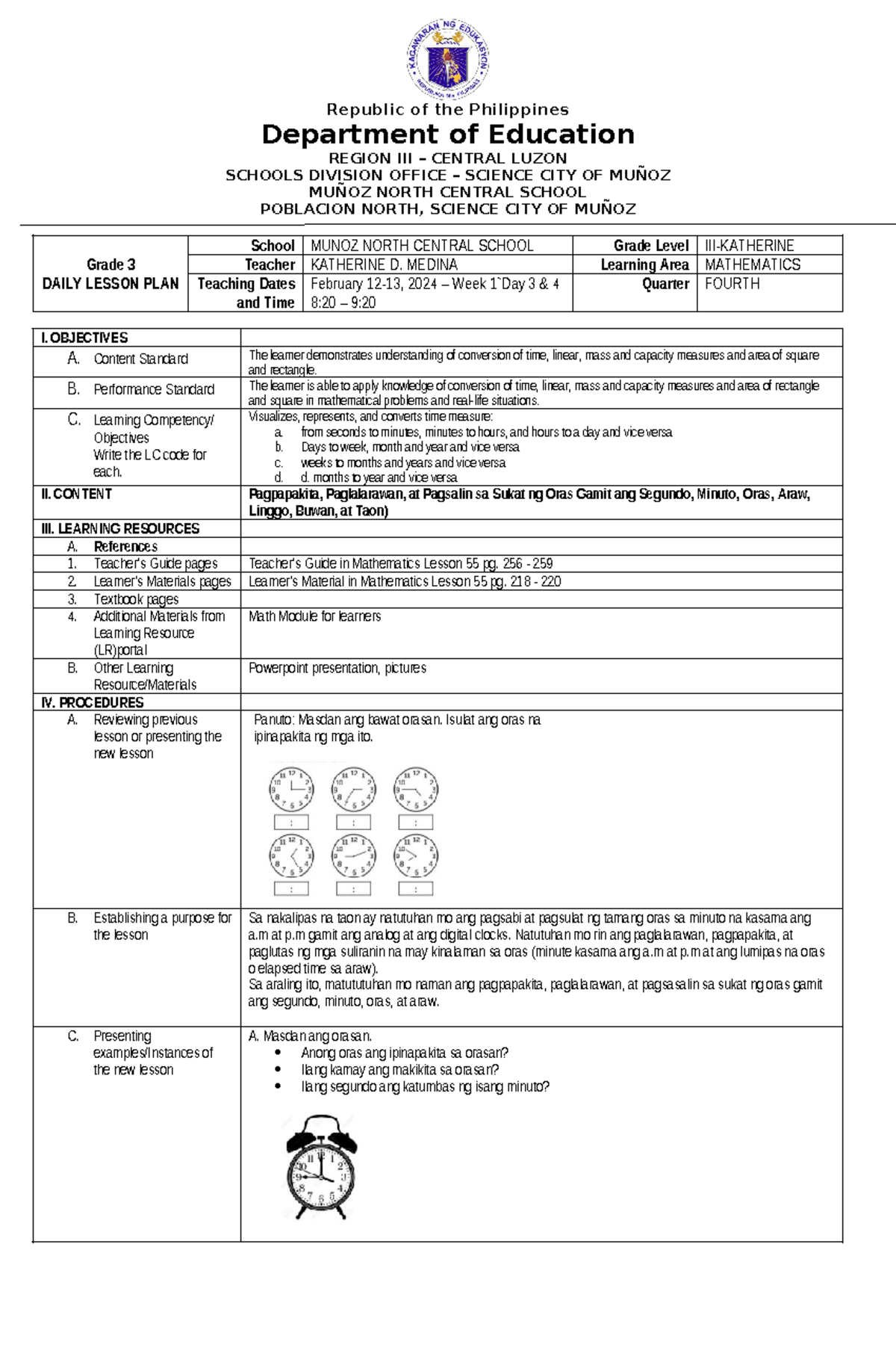DLP MATH G3 Q4 W1 D3&D4: Lesson on Time Conversion - Studocu