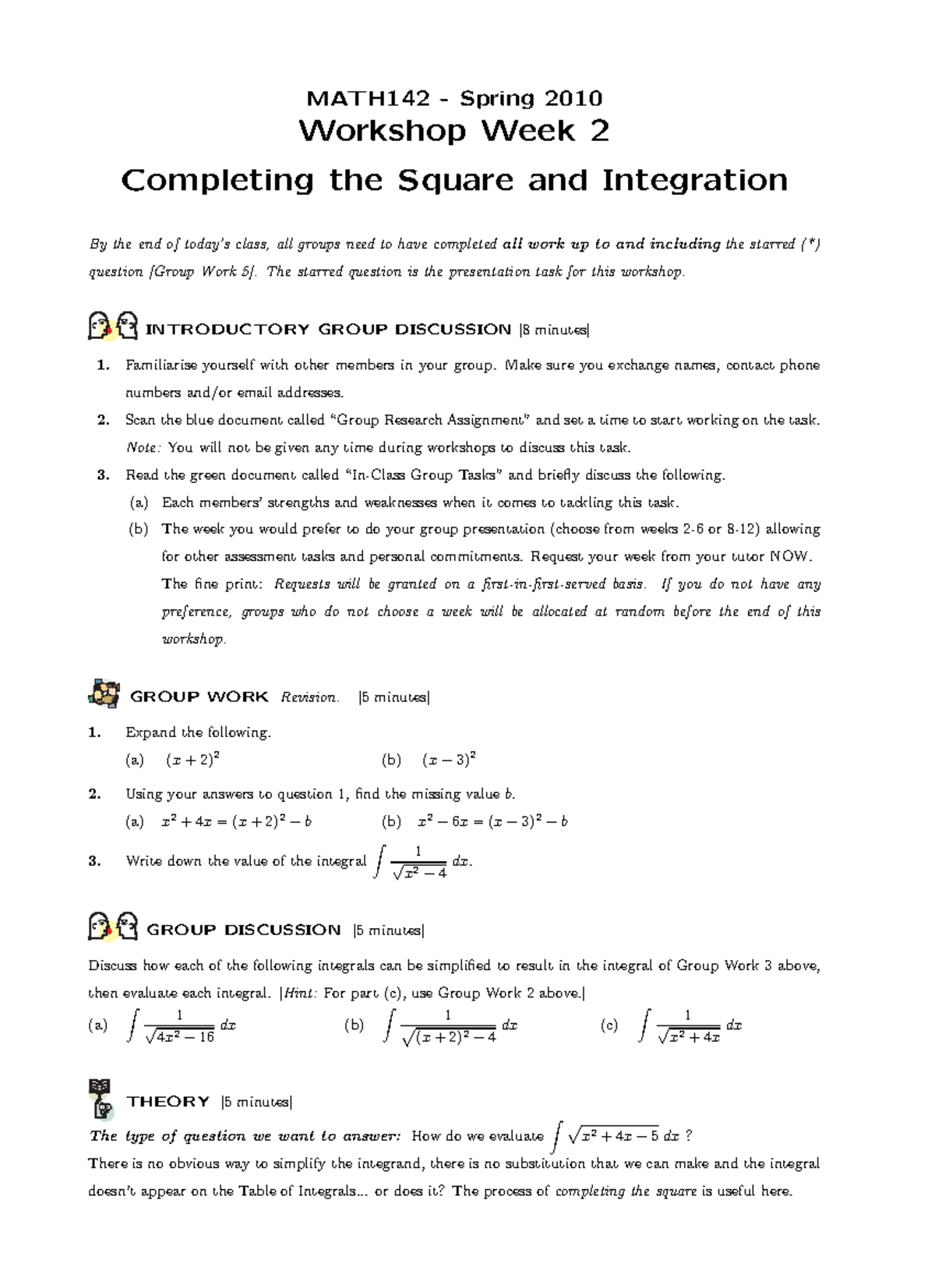 Tutorial work, workshops 1-12 with solutions - MATH142 - Spring 2010 ...