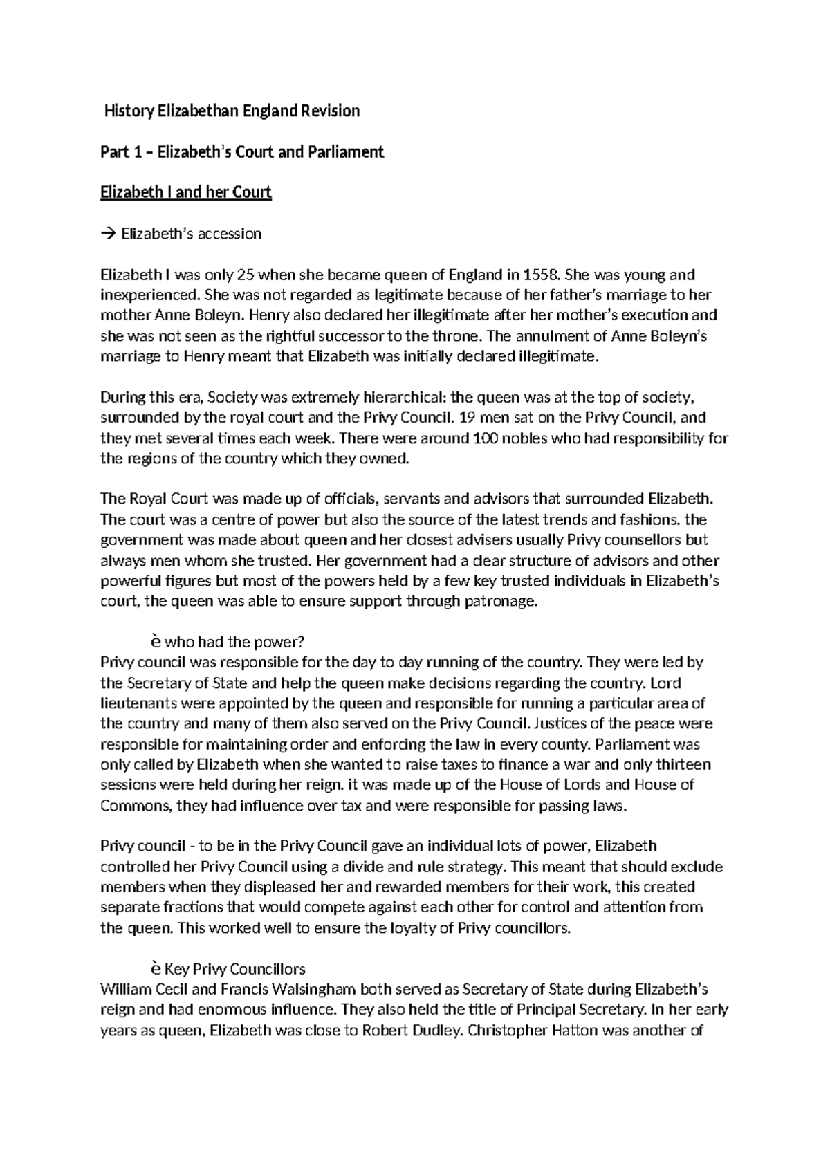 GCSE History: Elizabethan England Revision Notes for Exam Prep - Studocu
