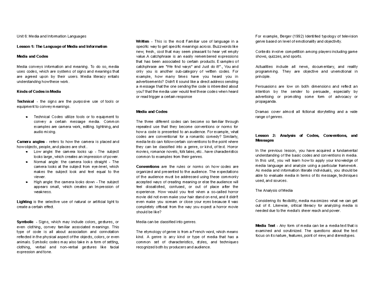 U6: Media & Info Languages - Lesson 1: Media Codes & Conventions - Studocu