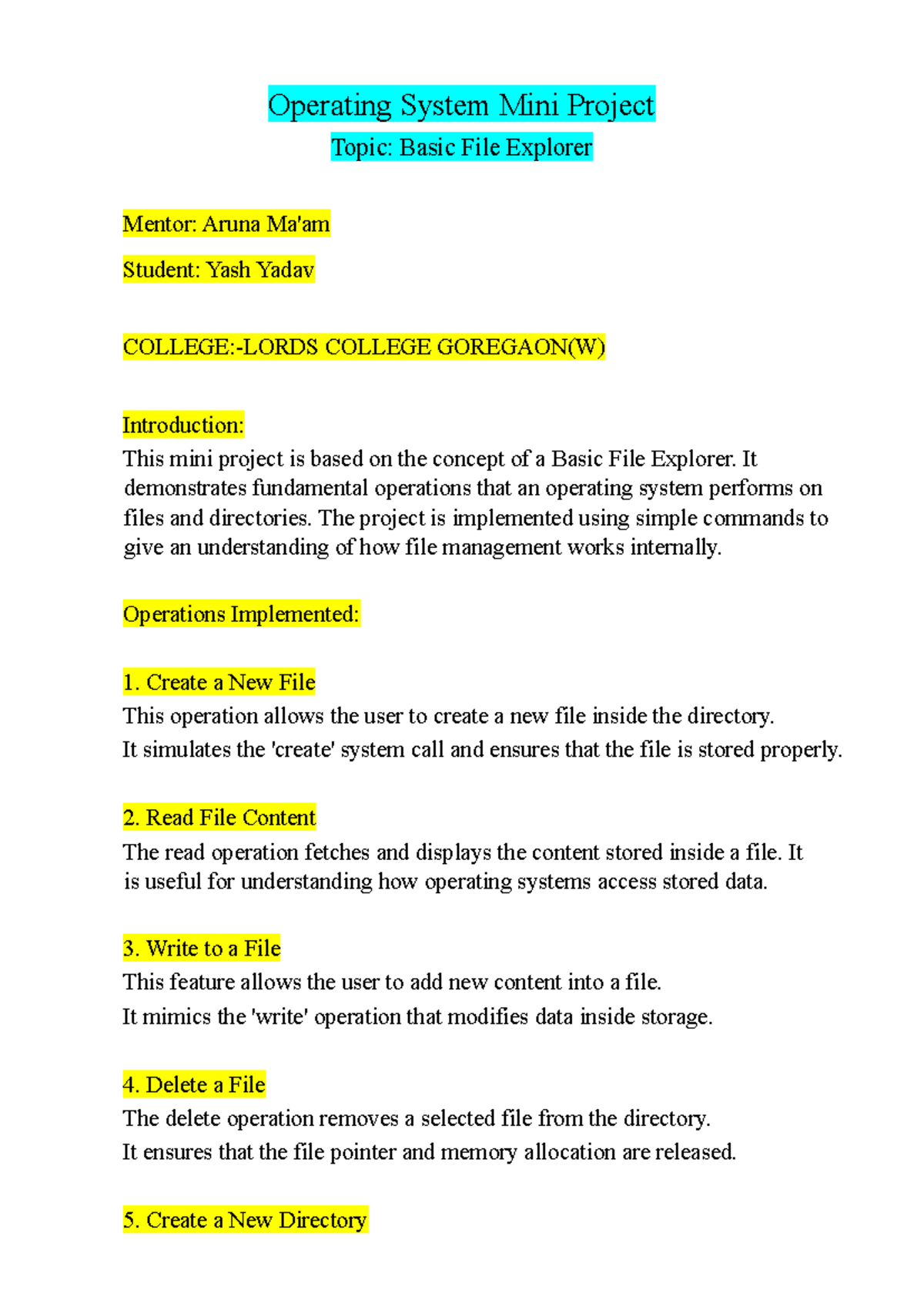 OS Mini Project: Basic File Explorer Implementation - Studocu