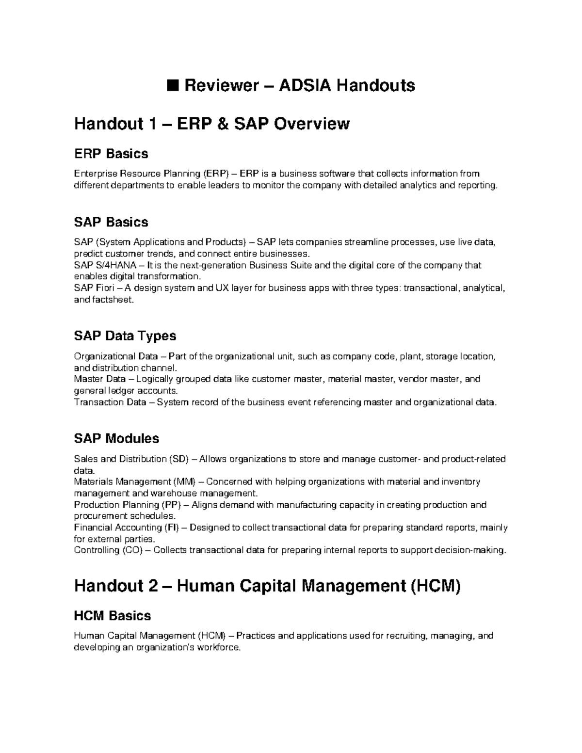ADSIA Handouts: ERP & SAP Overview and Basics - Studocu