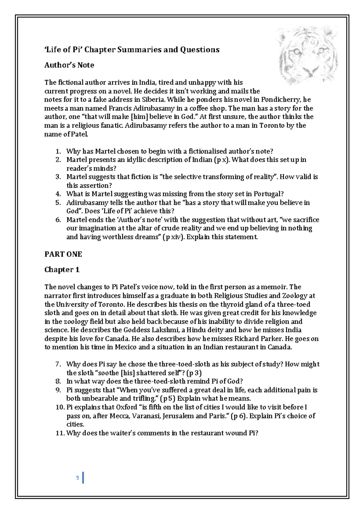 Life of Pi: Chapter Summaries and Analysis Questions - Studocu