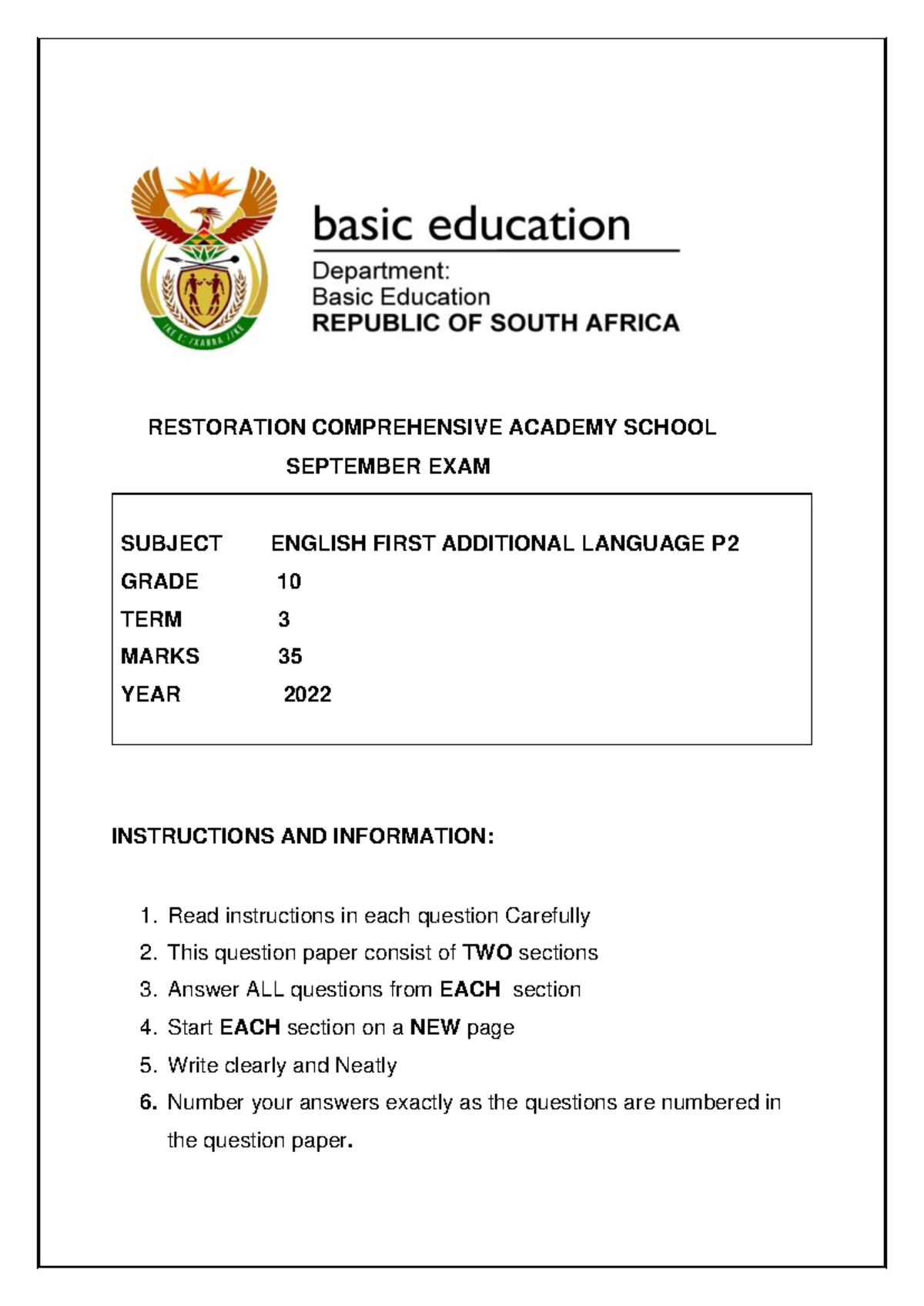 ENG P2 Grade 10 - question paper practice - RESTORATION COMPREHENSIVE ...