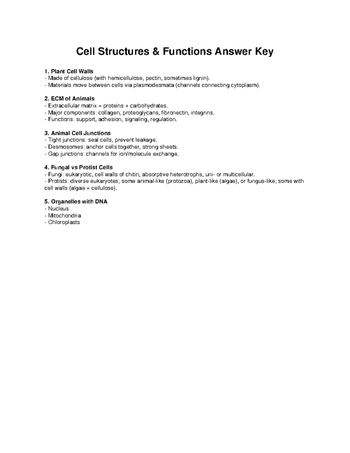 Cell Structures & Functions Answer Key - Bio 101 Exam Review - Studocu