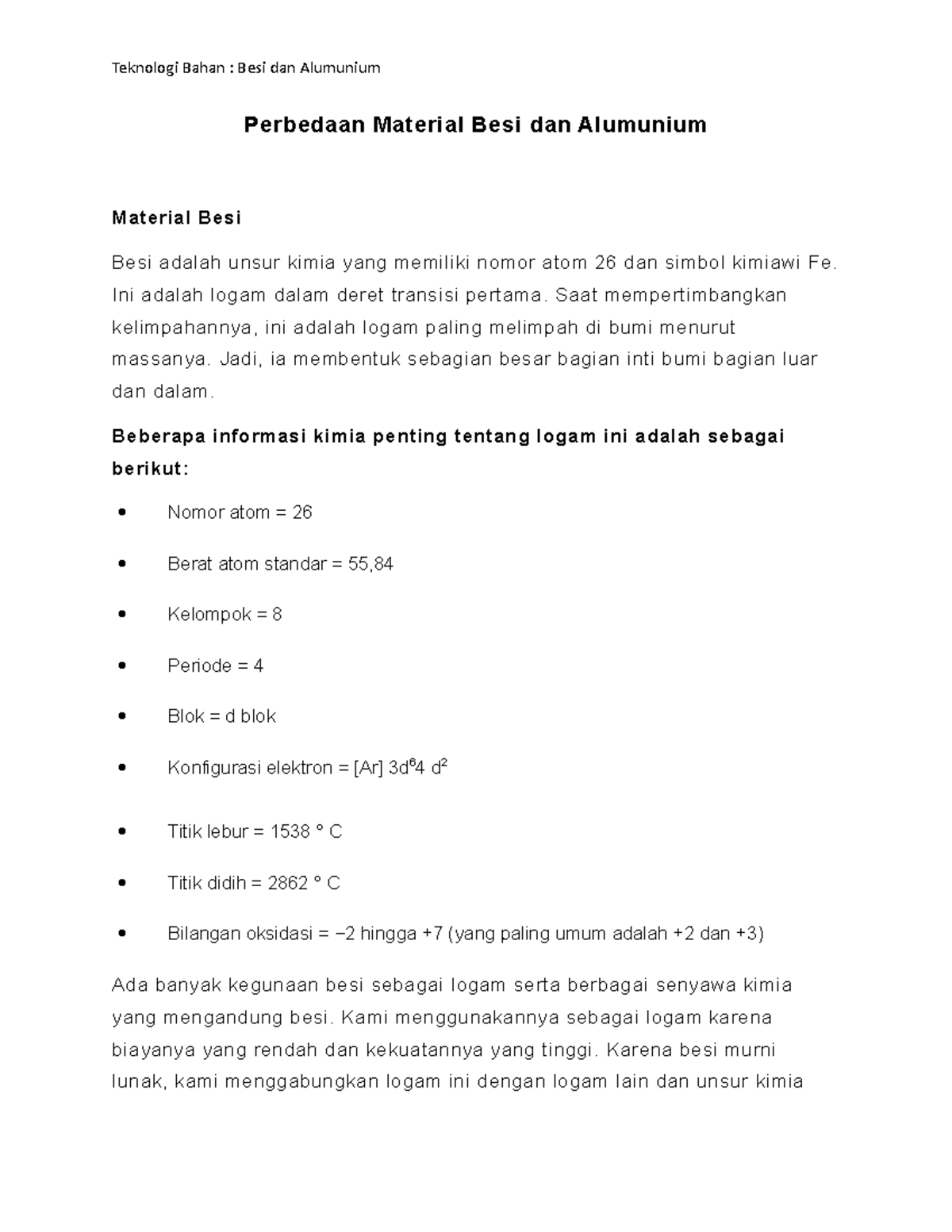 Perbedaan Material Besi (Fe) dan Alumunium (Al) dalam Sifat Kimia - Studocu