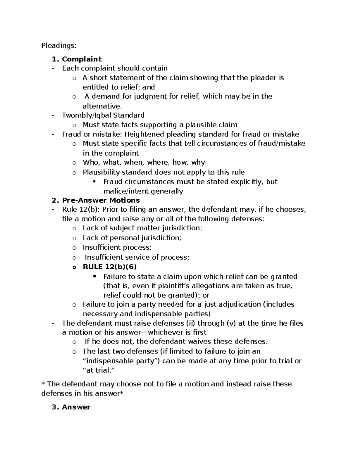 Civ Pro 101: Comprehensive outline on pleadings and motions - Studocu