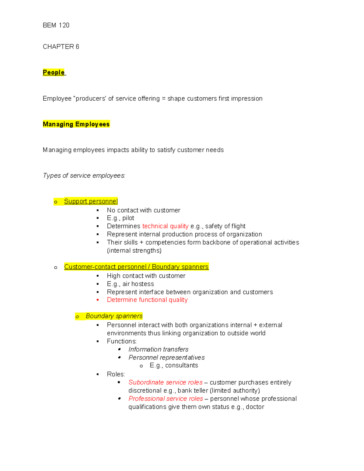 BEM Ch6 notes - BEM 120 - CHAPTER 6 People Employee “producers’ of ...