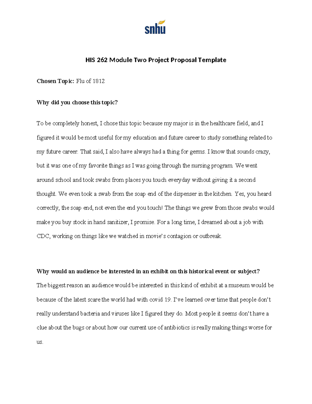 HIS 262 Module Two Project Proposal: The Flu of 1812 - Studocu