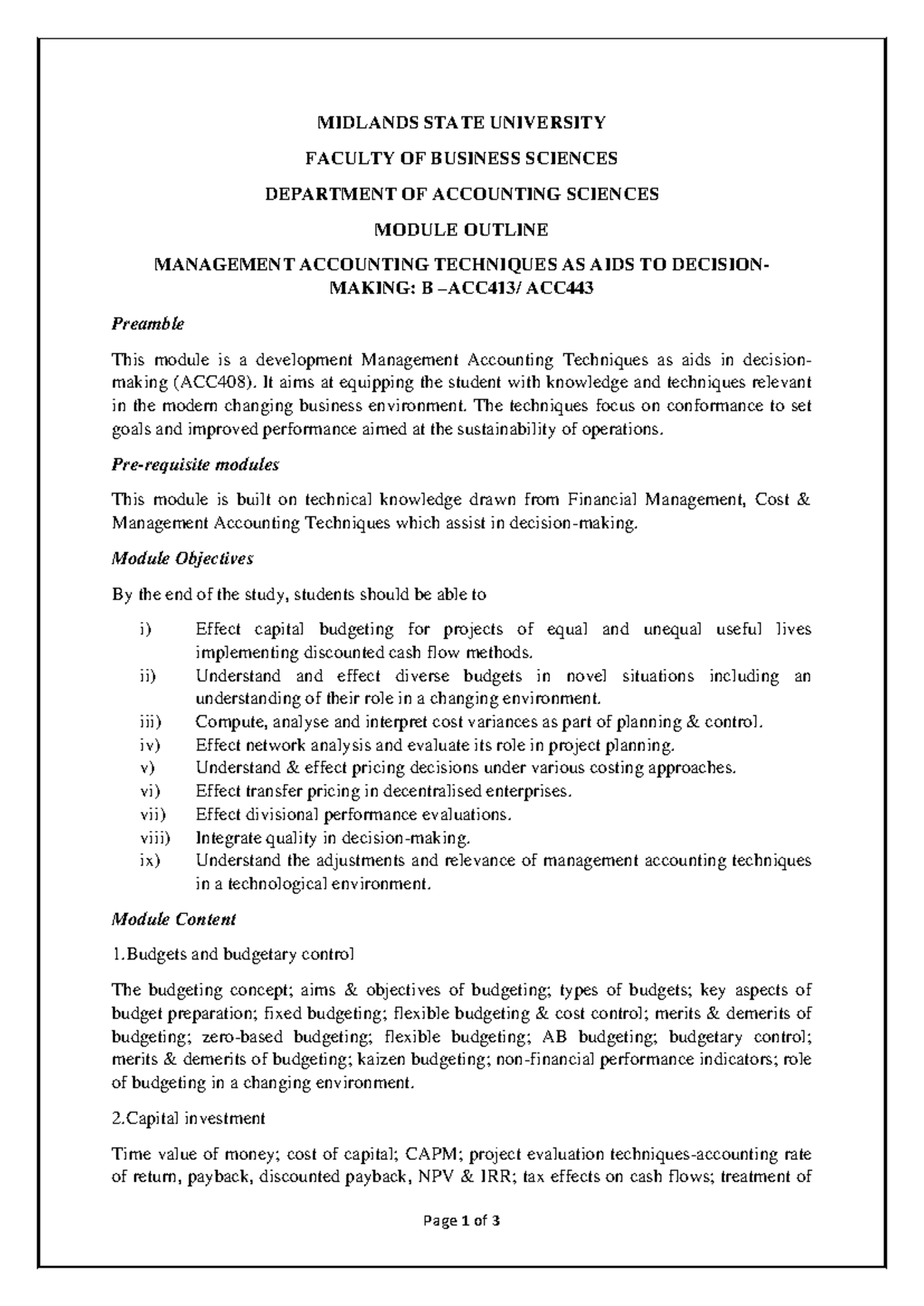 ACC 443 Module Outline: Management Accounting Techniques for Decision ...
