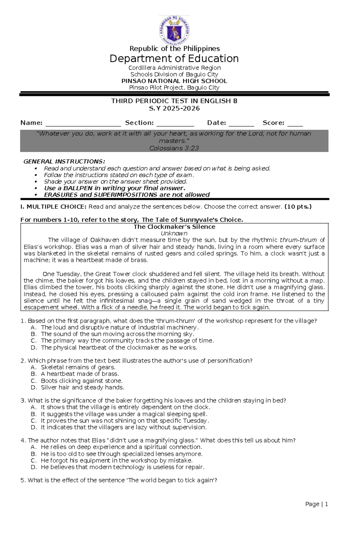 ENGLISH 8: THIRD PERIODIC TEST ON POETRY, PROSE, AND DRAMA - Studocu