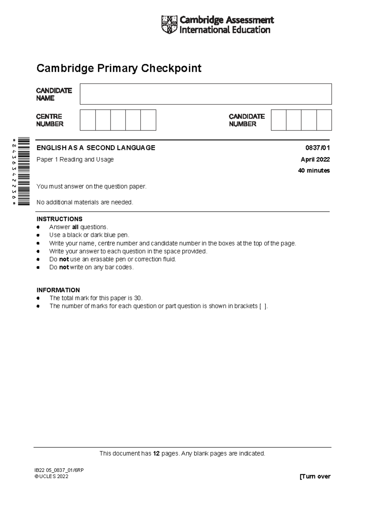 Cambridge Primary Checkpoint - ESL (0837) April 2022 Paper 1 Questions ...