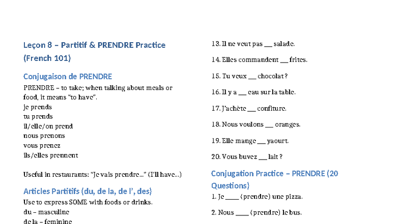 Leçon 8 – Partitif & Conjugaison de PRENDRE (French 101) - Studocu
