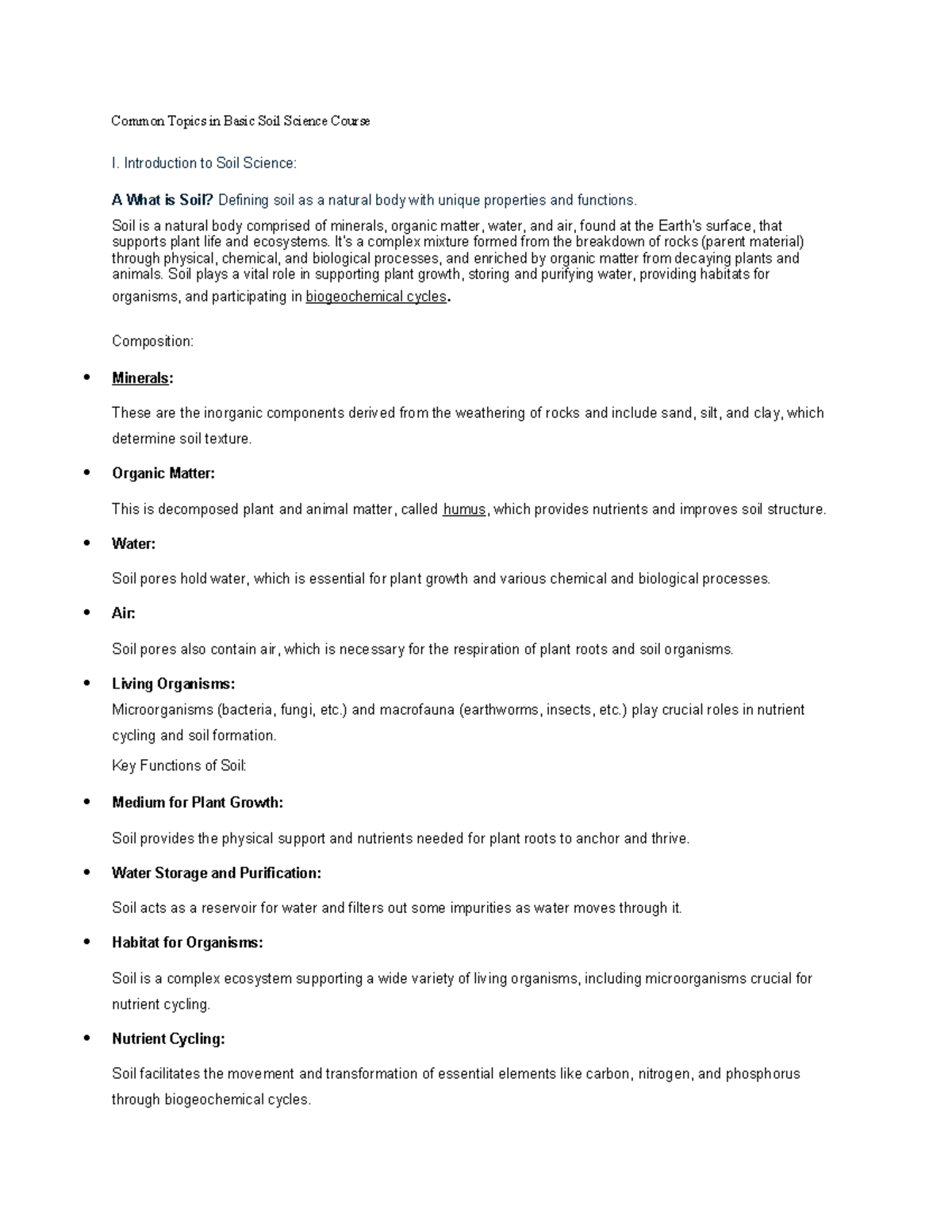 Soil Science Principles: Key Concepts and Topics in Course I - Studocu