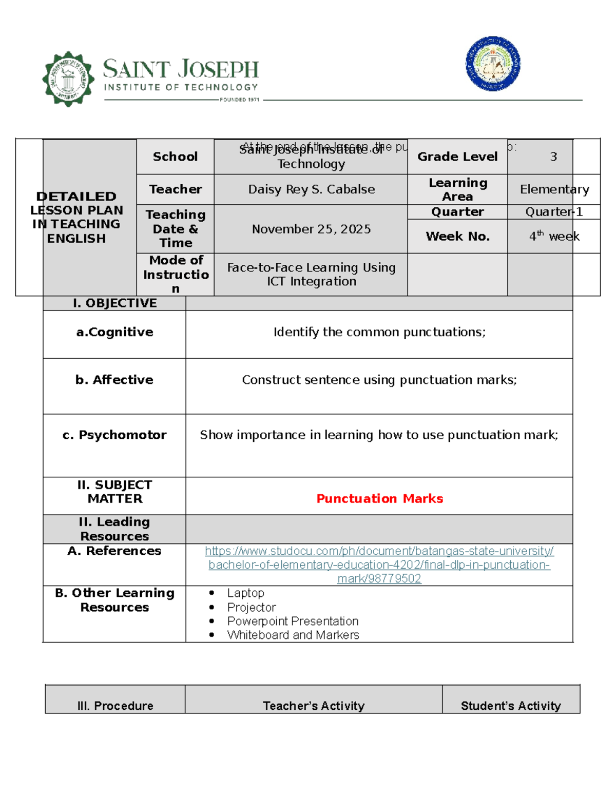 ENG 1 Detailed Lesson Plan: Teaching Punctuation Marks - Studocu