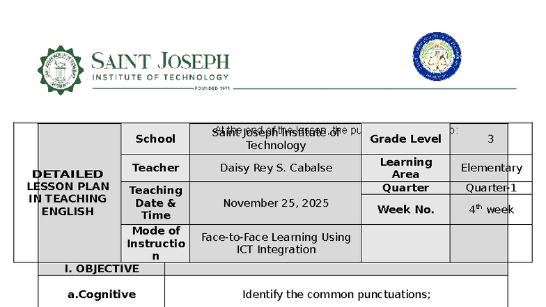 ENG 1 Detailed Lesson Plan: Teaching Punctuation Marks - Studocu