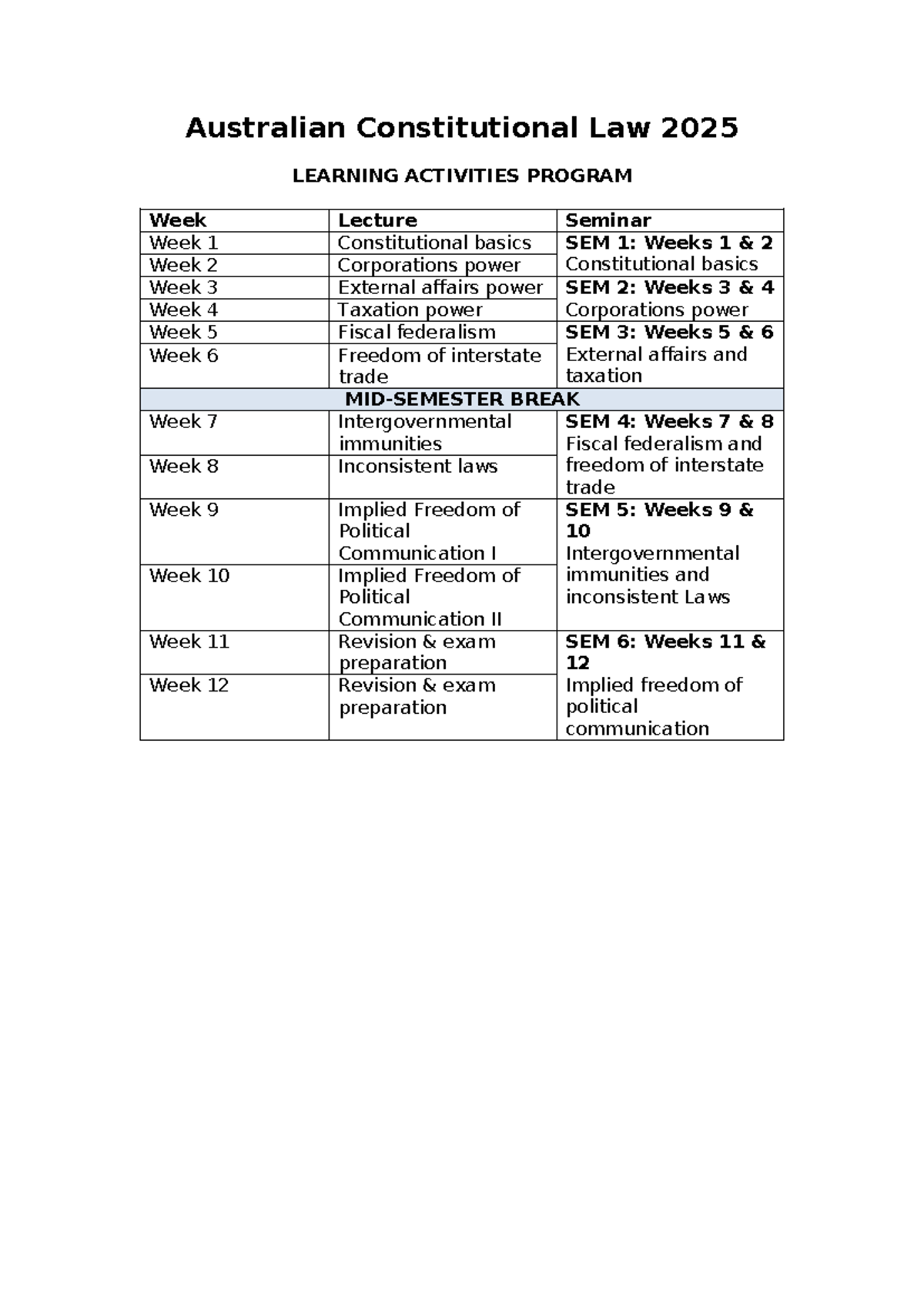 Australian Constitutional Law 2025: Weekly Learning Activities - Studocu