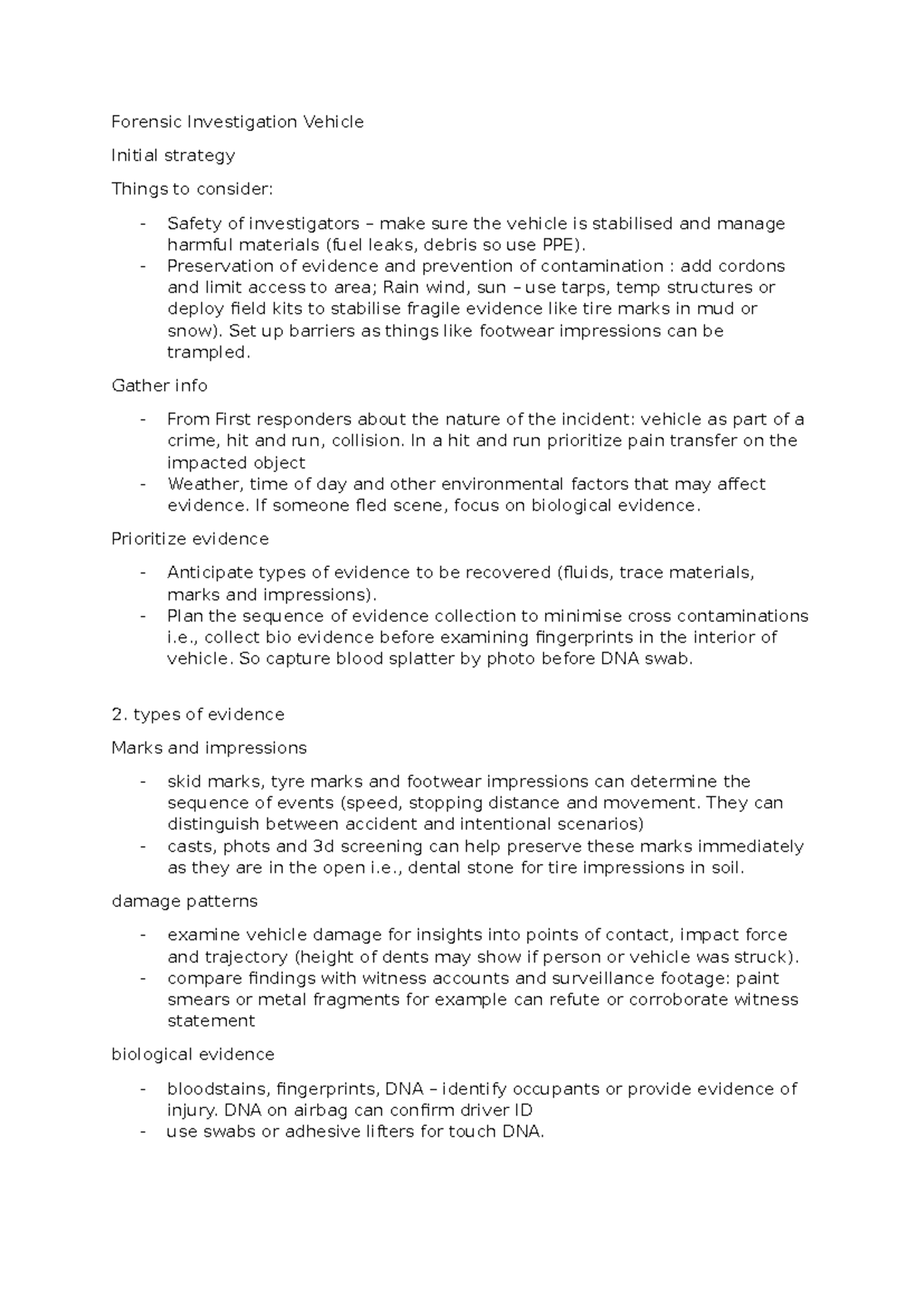 Forensic Investigation: Vehicle Evidence Collection Notes (FI 101 ...