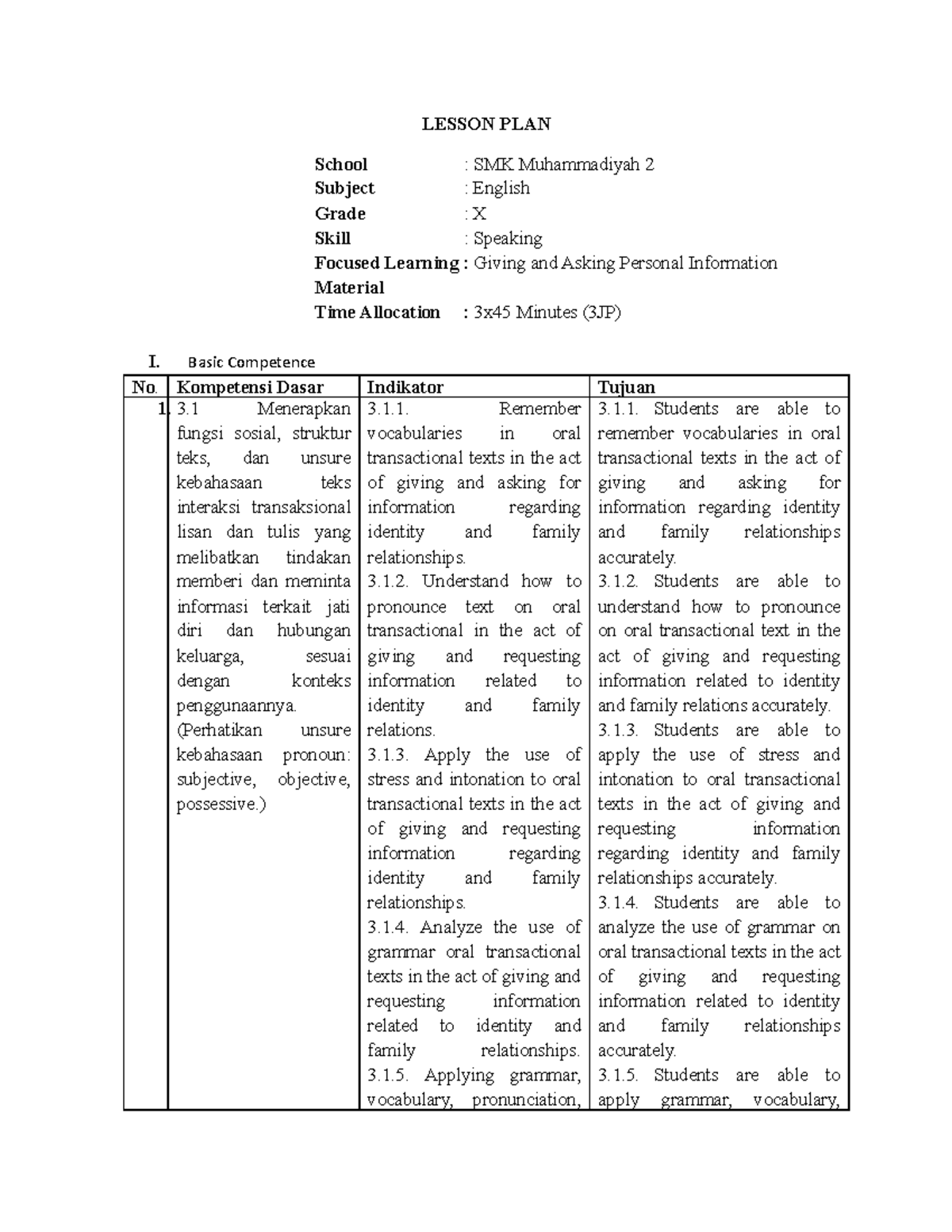 Lesson Plan for Asking and Giving Personal Info - Grade X - Studocu