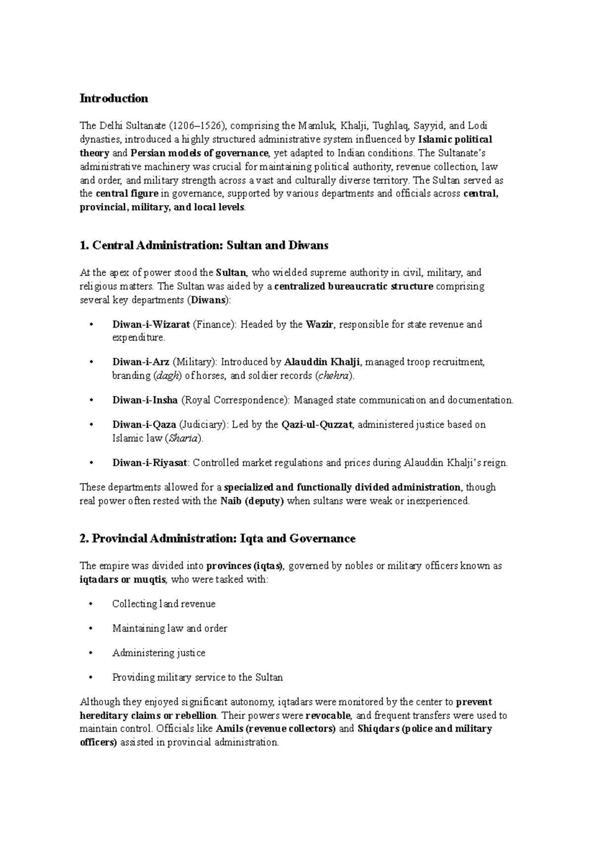 Delhi Sultanate Administration: Structure and Economic Policies - Studocu