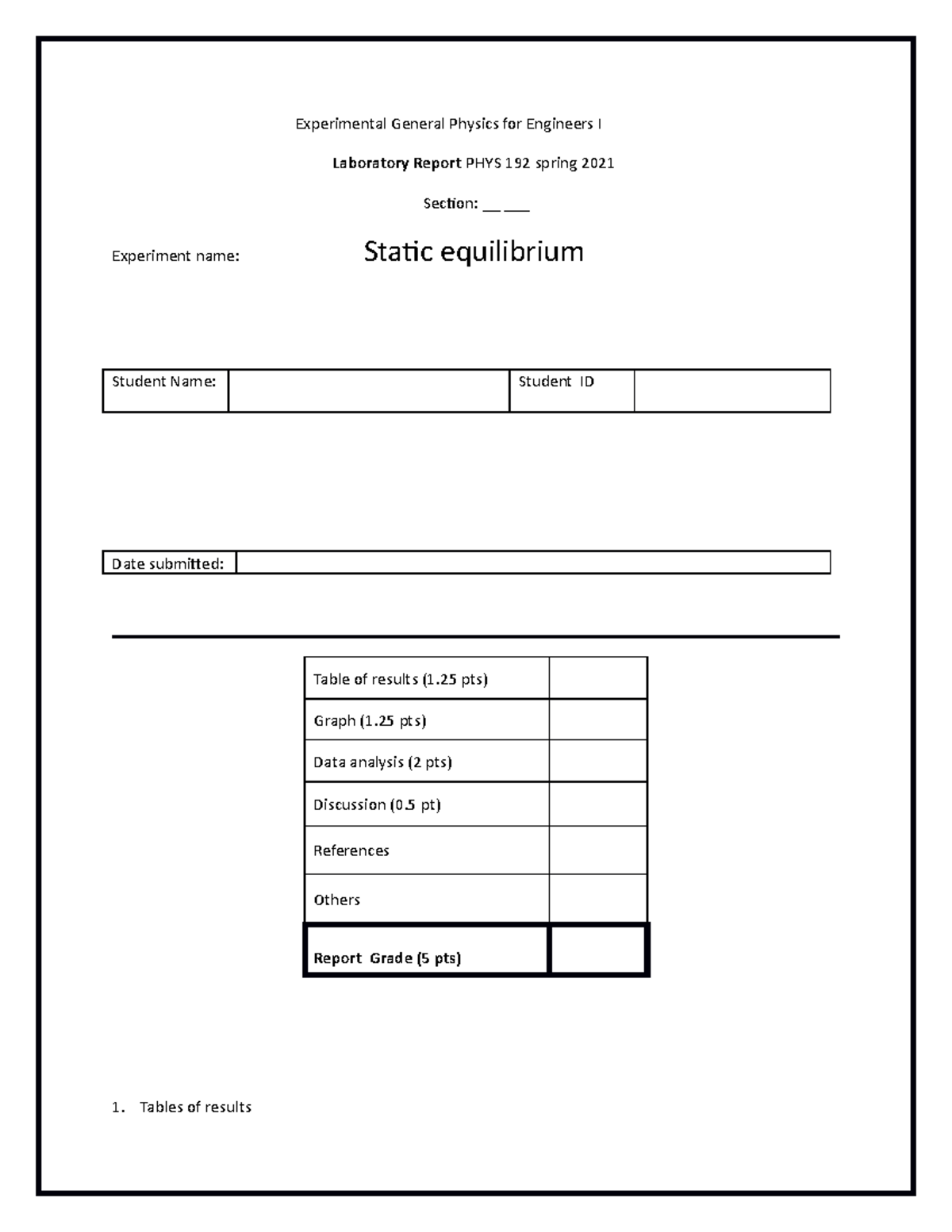 8- Static equilibrium - PHYS 191 LAB coursework, practice materials ...