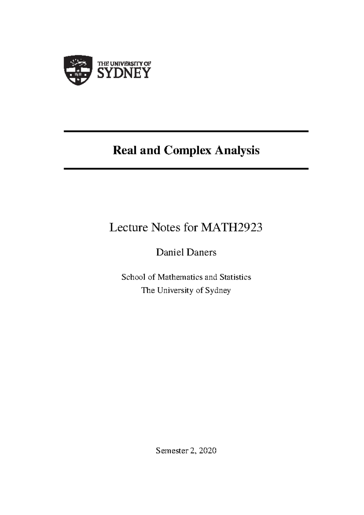MATH2962 Lecture Notes - Real and Complex Analysis Lecture Notes for ...