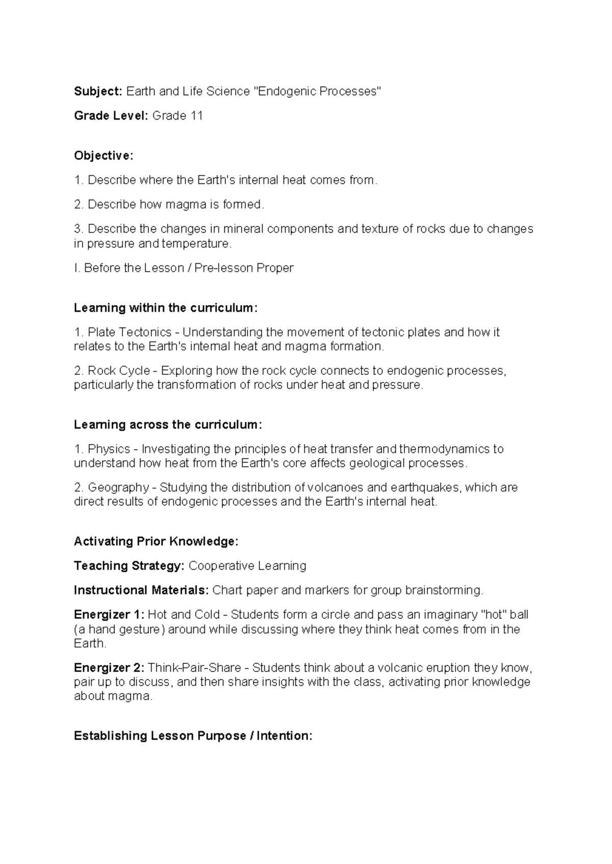 Lesson Plan: Earth and Life Science (Grade 11) - Endogenic Processes - Studocu