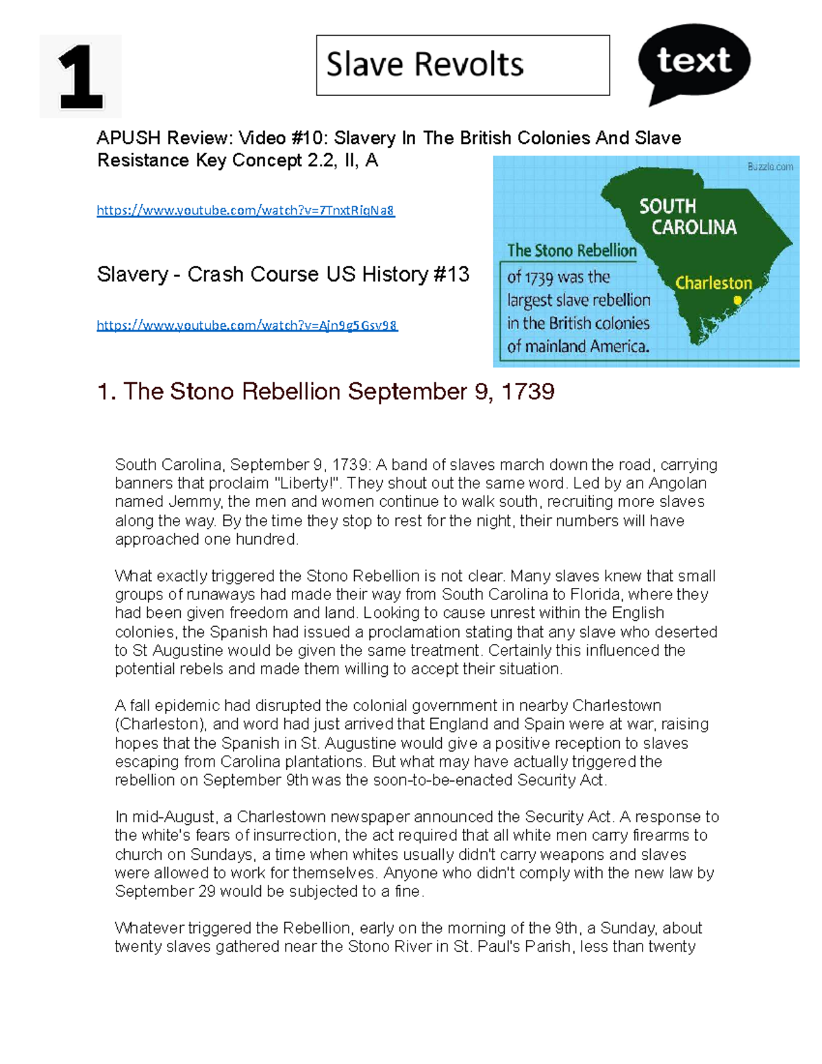 APUSH Case Study: Analyzing Stono, Gabriel, and Turner Revolts - Studocu