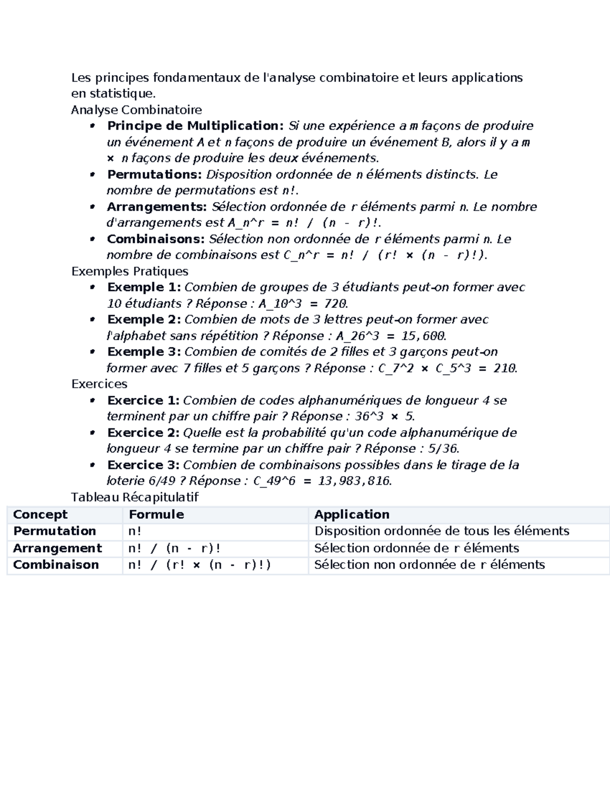 Analyse Combinatoire: Principes et Applications en Statistique - Studocu
