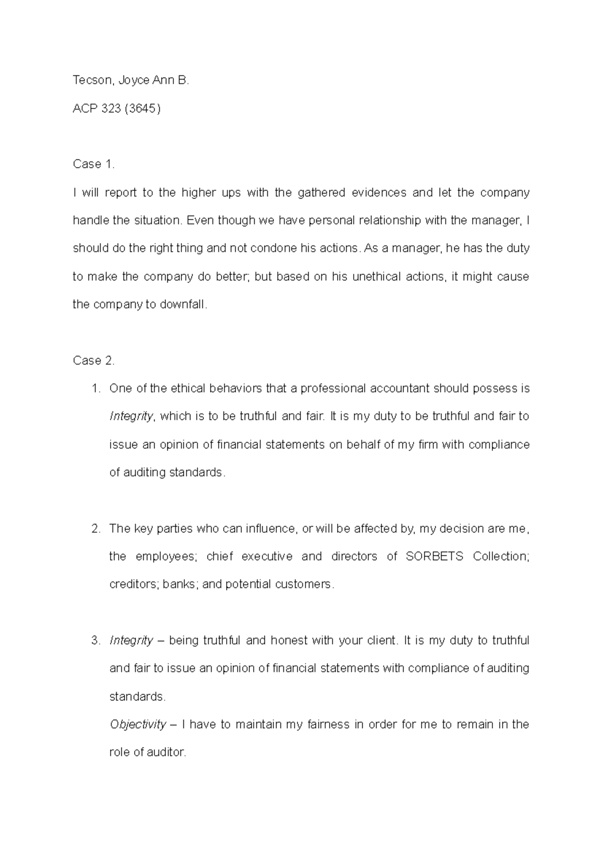 ACP 323 Auditing and Assu. Case Analysis - Tecson, Joyce Ann B. ACP 323 ...