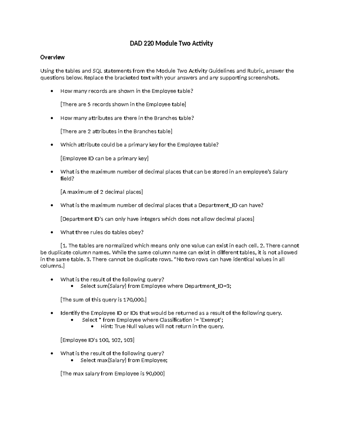 DAD 220 Module Two Activity - SQL Questions and Answers Validation ...