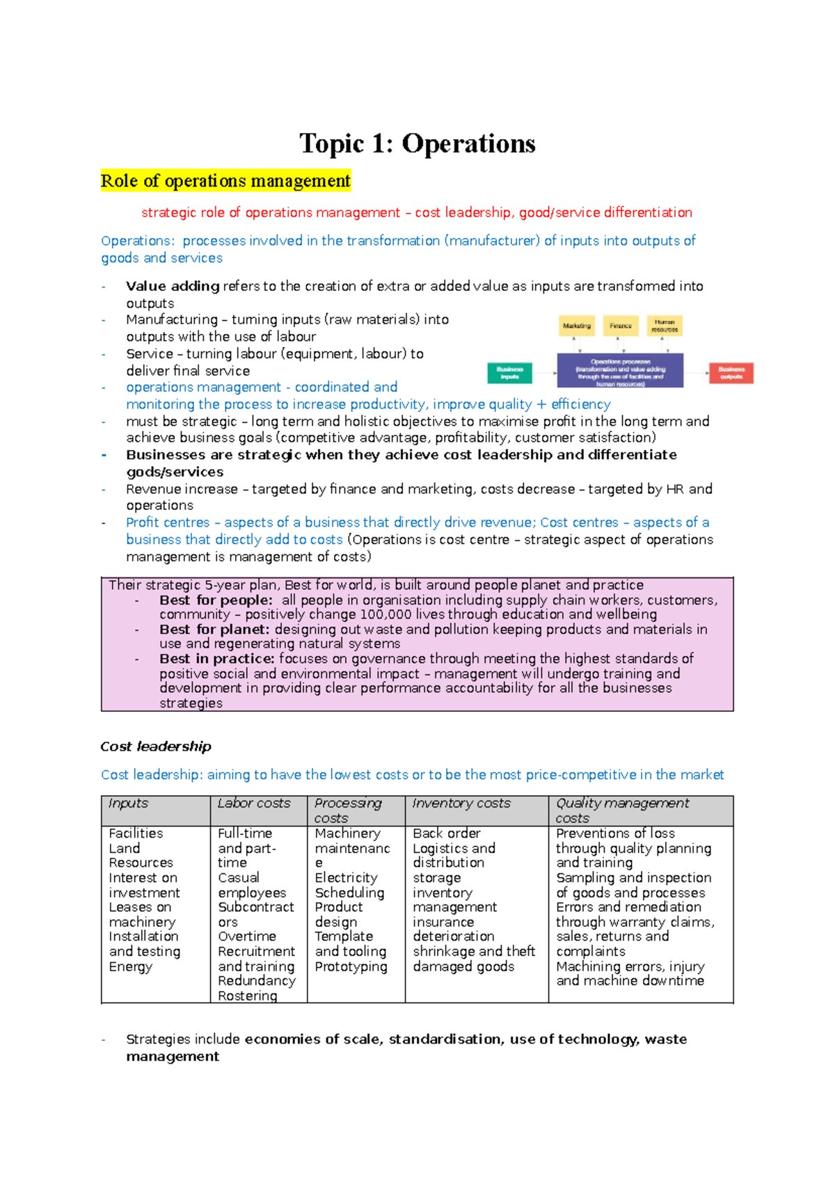Topic 1: Operations Management Strategies and Cost Leadership Analysis ...