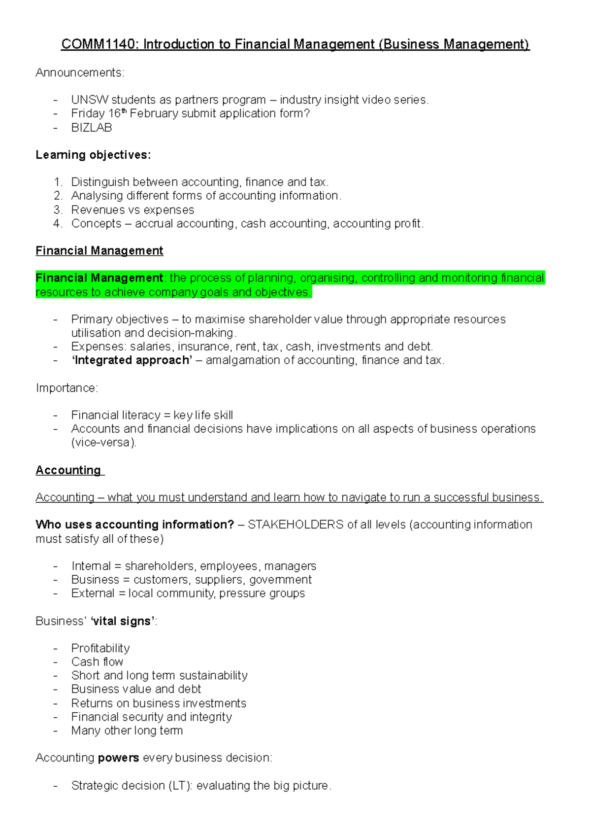 Week 1 COMM1140 Lecture Notes for financial management: accounting ...