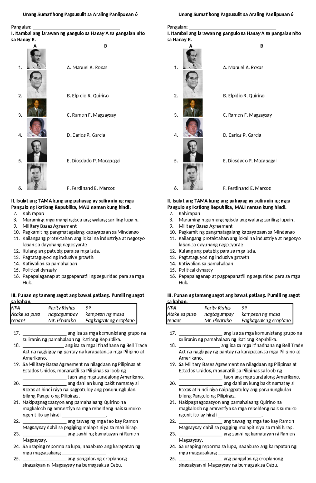 AP Q3 ST1 - Unang Sumatibong Pagsusulit sa Araling Panlipunan 6 - Studocu
