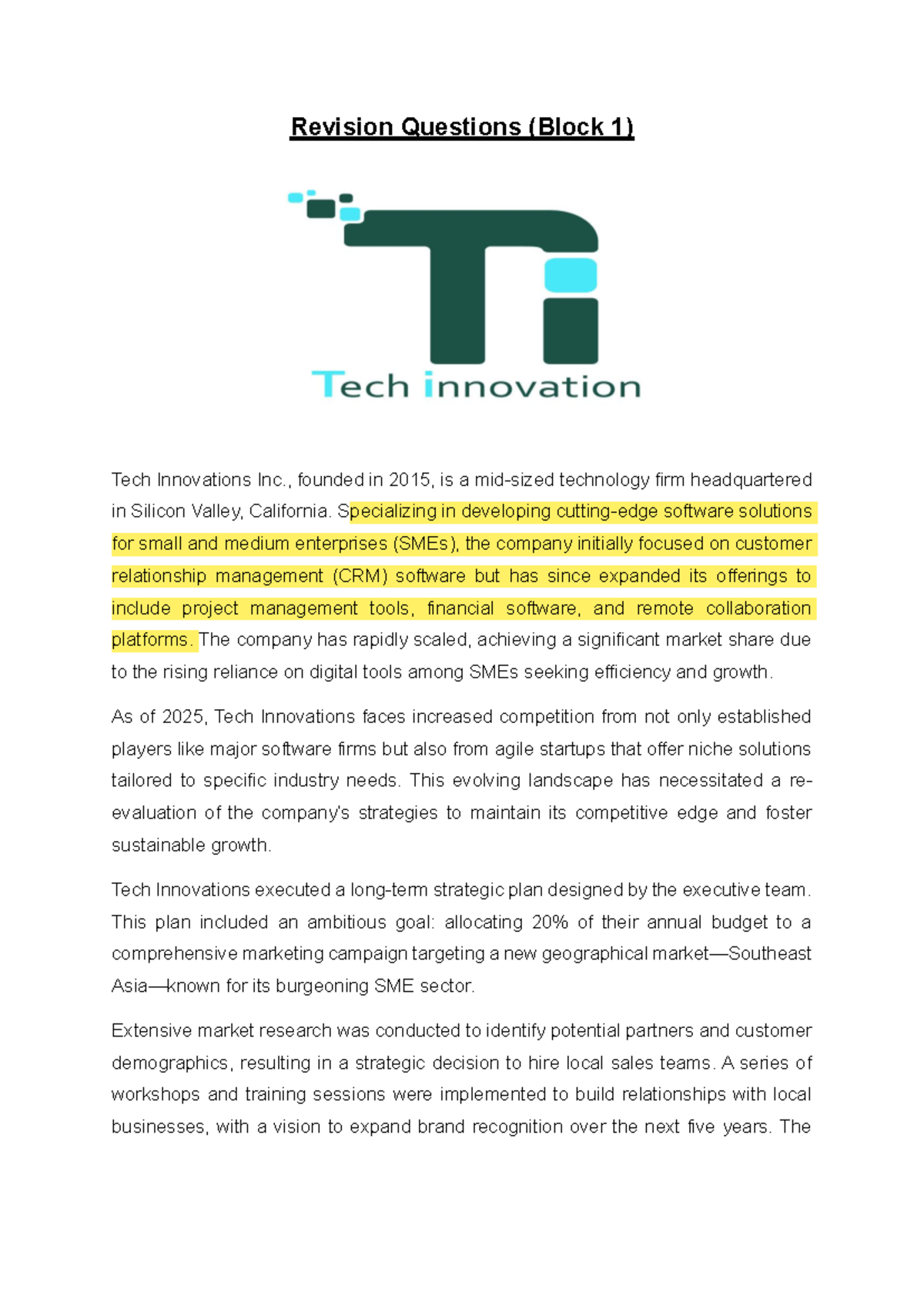 Revision Questions (Block 1) on Tech Innovations Inc. Strategy - Studocu
