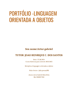 Portfolio linguagem orientada a objetos - Cidade/UF Ano UNIVERSIDADE – POLO ALUNO - RA ...