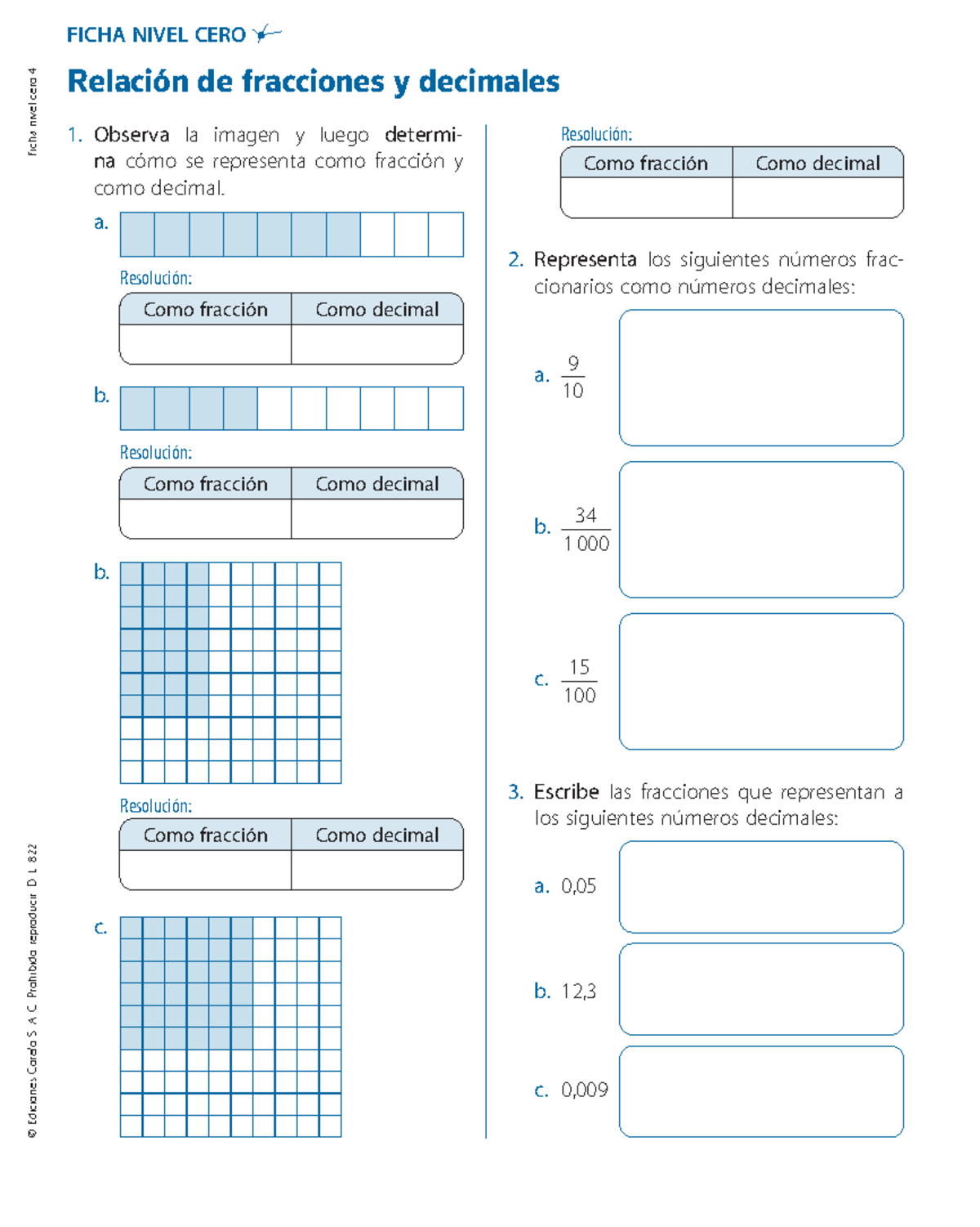 F0 Relación entre fracciones y decimales - Ficha nivel cero 4 © Ediciones Corefo S. A. C ...